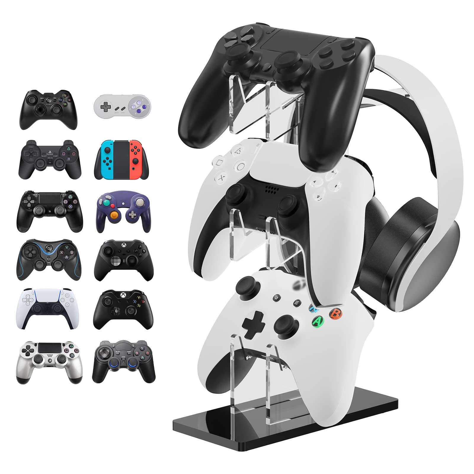 Linkidea Universal 3-Tier Controller Stand and Headset Stand Compatible with PS5, PS4, Switch Pro, Xbox Controllers Gaming Accessories Crystal Texture (White)