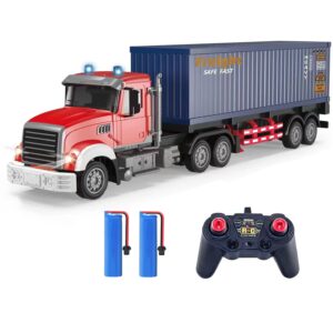 rc semi truck with trailer - 22.5 inch semi truck toy for kids, carrier van transport vehicle with 2 rechargeable batteries, 1:24 container truck with led lights & music, great gift for boys girls