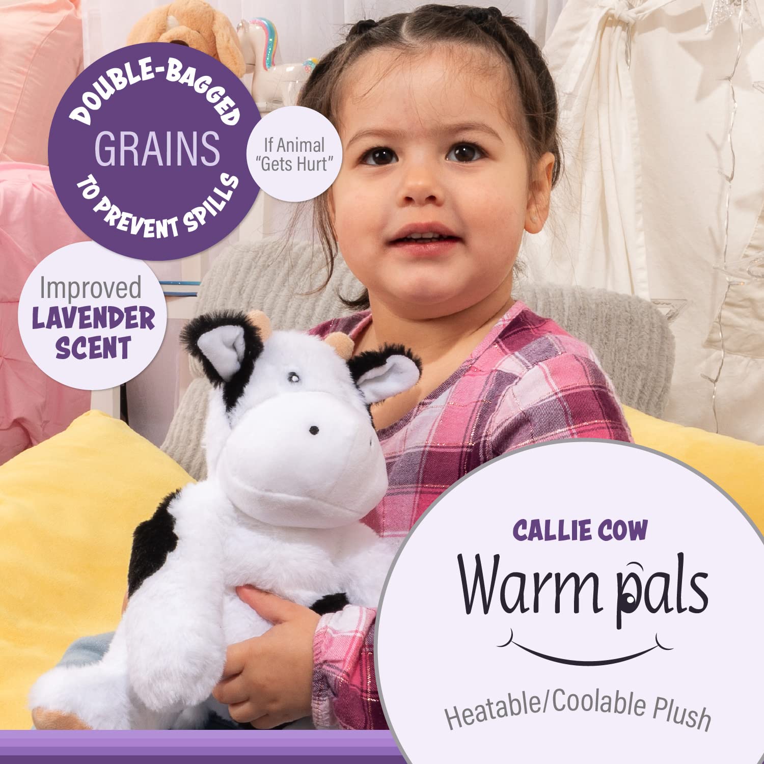 Warm Pals - Callie Cow - 1.5lbs - Cozy Microwavable Lavender Scented Plush Toys - Heated Stuffed Animal - Heatable Coolable Bedtime Comfort Plushie