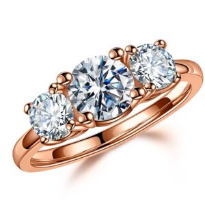 moosea 2ct 3 stone moissanite rings for women, brilliant d color vvs1 clarity lab created diamond wedding rings 14k rose gold vermeil moissanite engagement rings for women anniversary rings gifts