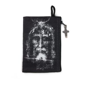 catholic rosary pouch, shroud of turin & the lord's prayer, 4" x 6" jewelry & coin purse with cross, small woven tapestry icon bag, bolsa de rosario católico para joyería