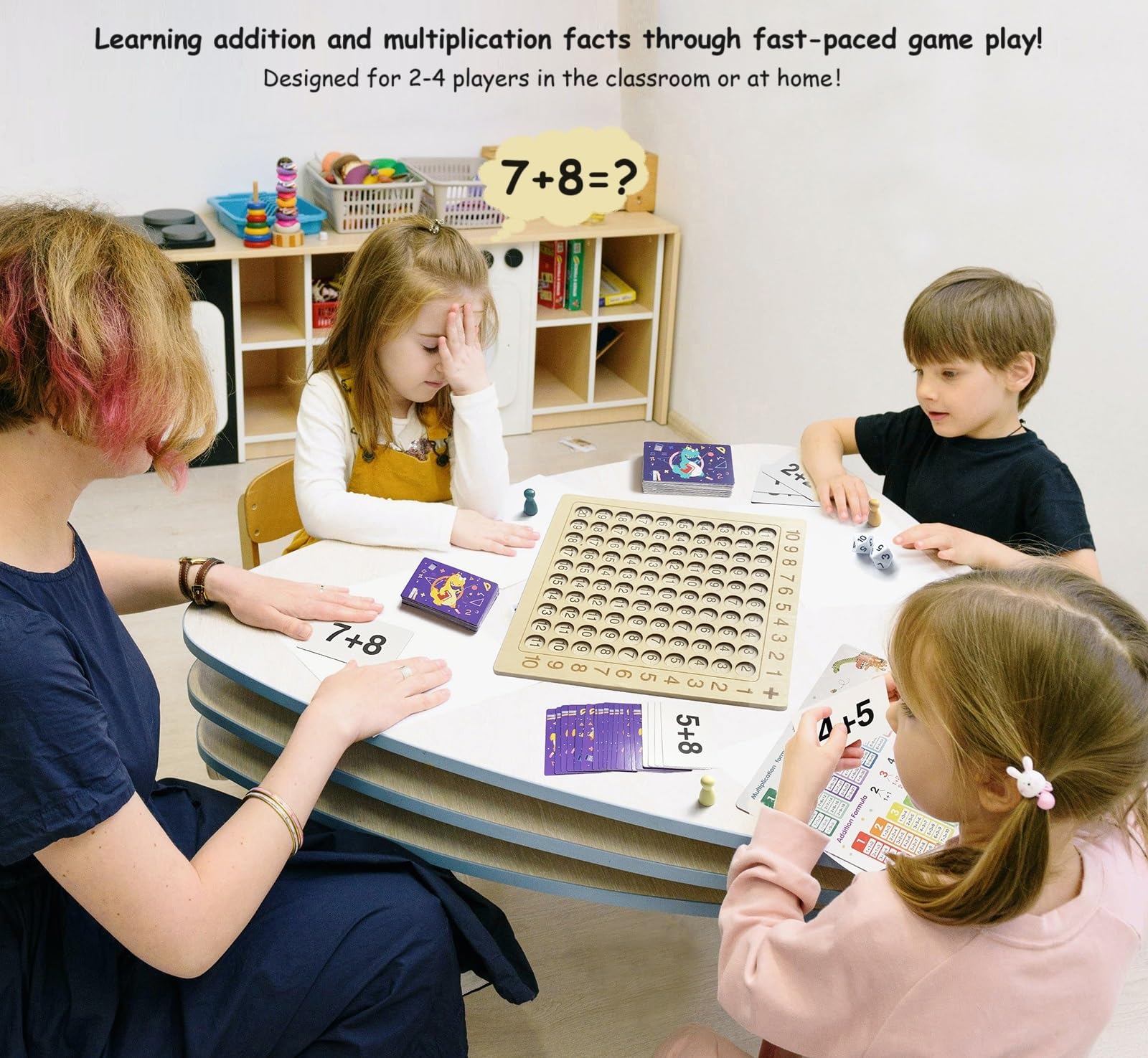 2 in 1 Multiplication Addition Math Board Game for Kids - Wooden Montessori Math Toys for Girls Boys 4 5 6 7 8 9 Years Old Wood Double Sided Board Table Dice Card Games for Family