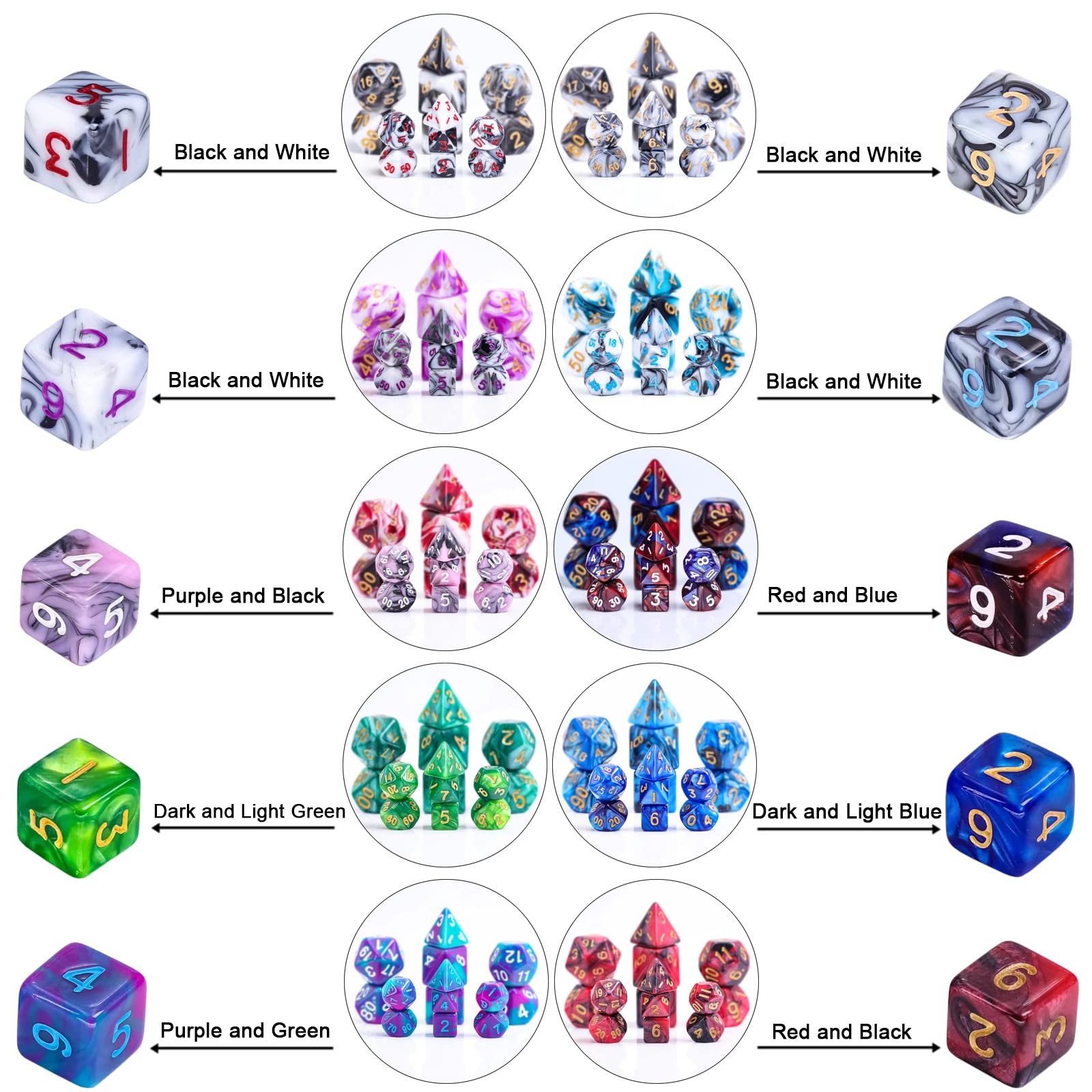 10mm Mini DND Dice Set,10 Sets Polyhedral RPG Dice (70pcs) for MTG,RPG,D&D Dungeons and Dragons Role Playing Game.(Two-Colour Swirl)