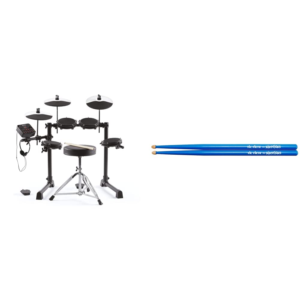 Alesis Drums Debut Kit – Kids Drum Set With 4 Quiet Mesh Electric Drum Pads, 120 Sounds, Drum Stool, Drum Sticks, Headphones and 100 Melodics Lessons & Vic Firth Kidsticks, Blue