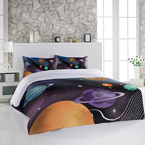 Full Duvet Covers Cartoon Universe Spaceship Planet Stars Dot 3-Piece Bedding Sets Luxury Soft Microfiber Bed Comforter Protector with Pillow Cases All Seasons Use for Women Men Girl Boy Black