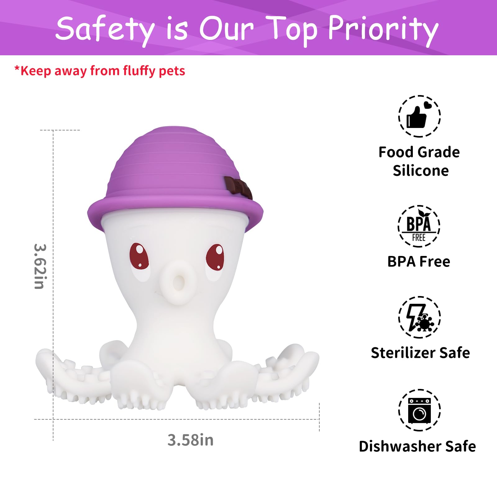 Baby Teething Toys for Babies 6-12 Months, Mombella Octopus Baby Teether 12-18 Months, Soft Silicone Infant Teething Toys 6-9 Month Old, Kids Chew Toy to Soothe Sore Gums, BPA FREE Baby Gift, Purple