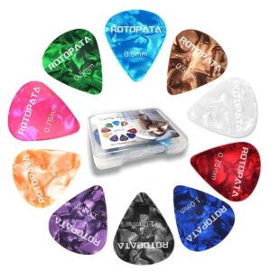 15 pack guitar picks plectrums with organizer storage box, 0.5 0.75 1.0 mm includes thin medium heavy thickness, variety colorful celluloid plectrums for bass electric acoustic guitars ukulele