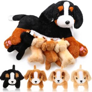 hydren nurturing bernese mountain dog plush toy set 15 inch nursing mommy dog stuffed animal with 4 stuffed magnetic baby puppies for kids birthday graduation children's day gifts pet party favors