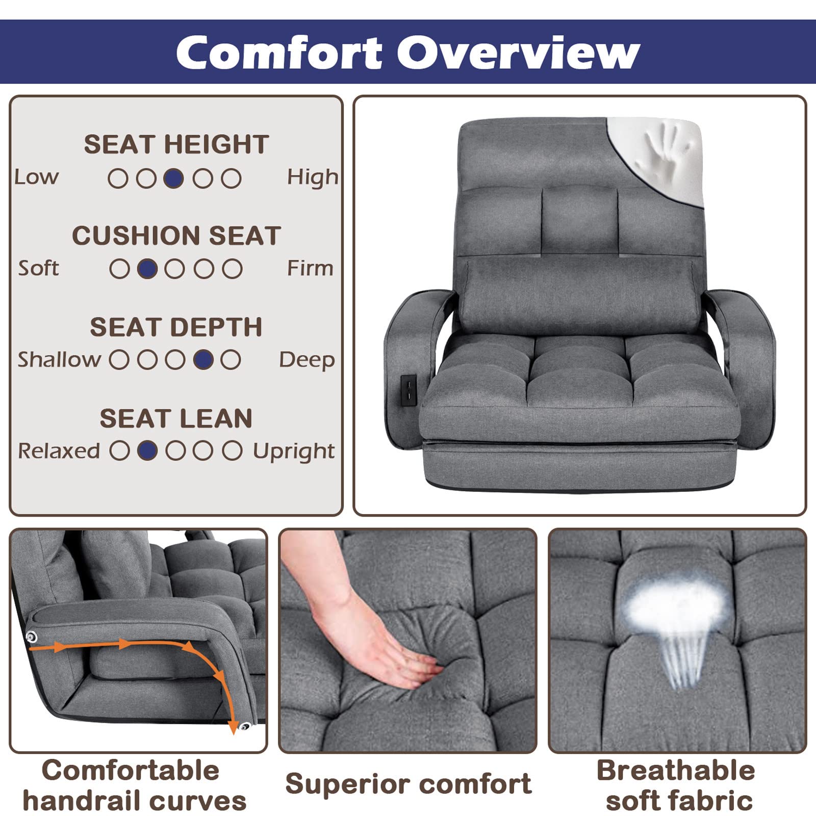 STHOUYN Comfy Floor Chair Bedroom 2 USB Charging Ports, 5-Position Couch Gaming Lounge Chairs Adults, Indoor Folding Lazy Sofa Meditation Arm Dorm Chair Living Room (Grey)