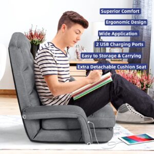 STHOUYN Comfy Floor Chair Bedroom 2 USB Charging Ports, 5-Position Couch Gaming Lounge Chairs Adults, Indoor Folding Lazy Sofa Meditation Arm Dorm Chair Living Room (Grey)