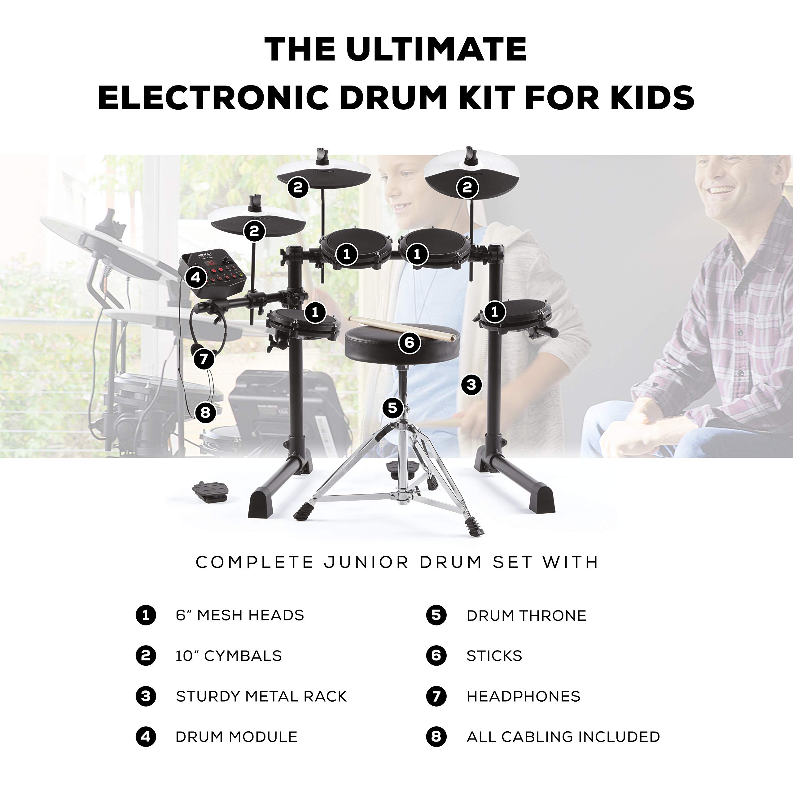 Alesis Drums Debut Kit – Kids Drum Set With 4 Quiet Mesh Electric Drum Pads, 120 Sounds, Drum Stool, Drum Sticks, Headphones and 100 Melodics Lessons & Vic Firth Kidsticks, Blue