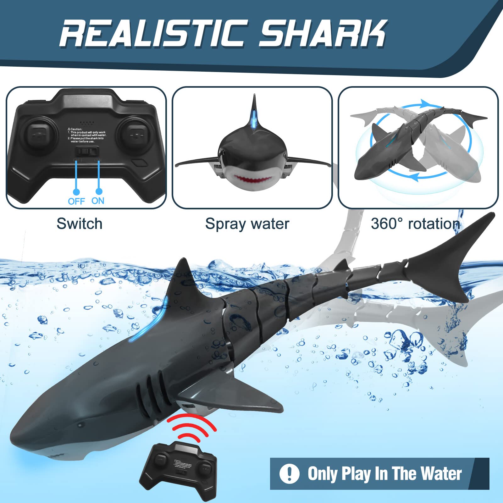 wakeInsa 2.4G Remote Control Shark,Kids Shark Toy,RC Boats,Submarine,Pool Toy for Kids,Water Toy,Christmas and Birthday Gift for Boys and Girls