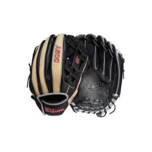 wilson a500 11.5” utility youth baseball glove - right hand throw,black/blonde/red