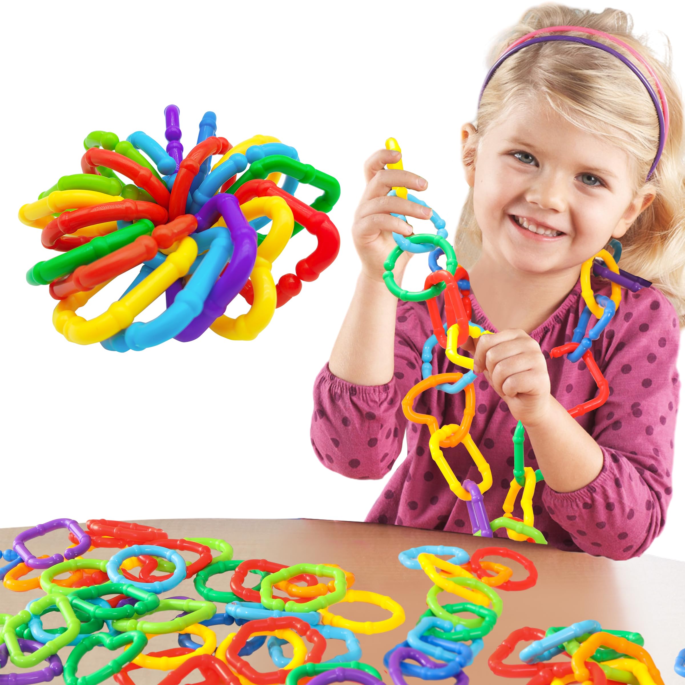 RAINBOW TOYFROG Baby Links Rings - 35 Geometric Linking Chains Ring Toys for Baby - Safe Infant Toys for Teething and Sensory Development - Car Seat & Stroller Toys for Infants & Toddlers