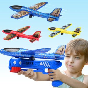 Elctbras 3 Pack Airplane Launcher Toy, Foam Glider Planes for Kids with 2 Flight Mode, Catapult Plane Toys with 3 DIY Stickers, Outdoor Sport Flying Toys for 4 5 6 7 8 9 10 Year Old