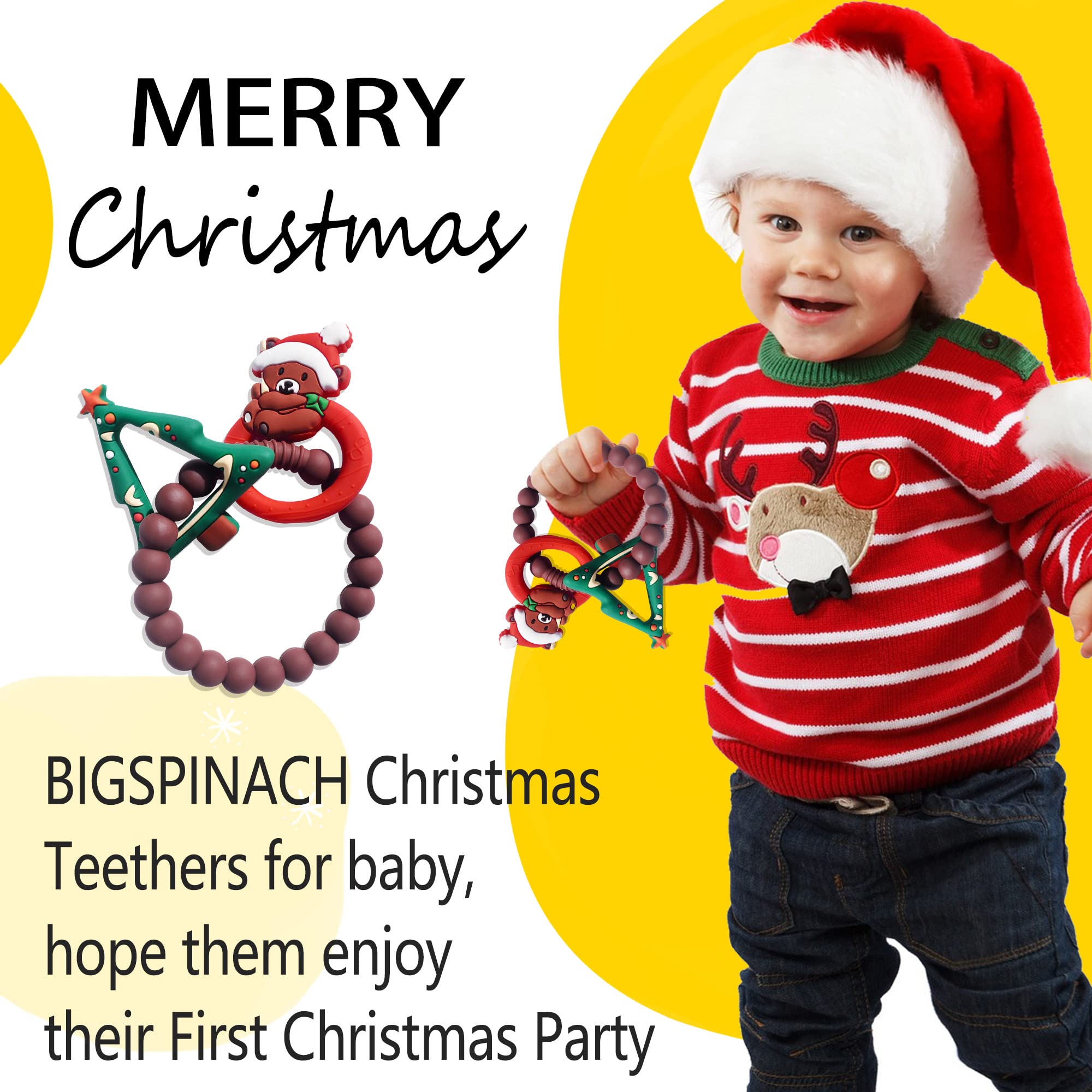 BIGSPINACH Baby's First Christmas Teether Christmas Tree and Christmas Bear Rattle Teething Ring Silicone Teething Toys for Kids Christmas Gifts or Christmas Stocking Filler