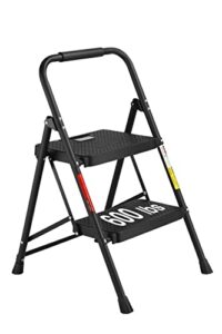 bontec 2-step ladder, folding step stools for adults with wide anti-slip pedals, max load capacity 600lbs sturdy steel ladder, lightweight, convenient handle, portable steel step stool, black