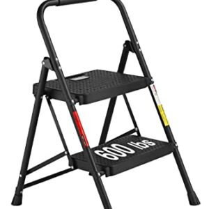 BONTEC 2-Step Ladder, Folding Step Stools for Adults with Wide Anti-Slip Pedals, Max Load Capacity 600lbs Sturdy Steel Ladder, Lightweight, Convenient Handle, Portable Steel Step Stool, Black