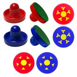 joovon air hockey pushers and air hockey pucks, non-slip strikers and dynamic pucks for air hockey table game for adults,replacement for 7ft and 8ft fullsize tables (red and blue with 2.95" pucks)