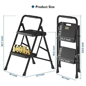 BONTEC 2-Step Ladder, Folding Step Stools for Adults with Wide Anti-Slip Pedals, Max Load Capacity 600lbs Sturdy Steel Ladder, Lightweight, Convenient Handle, Portable Steel Step Stool, Black