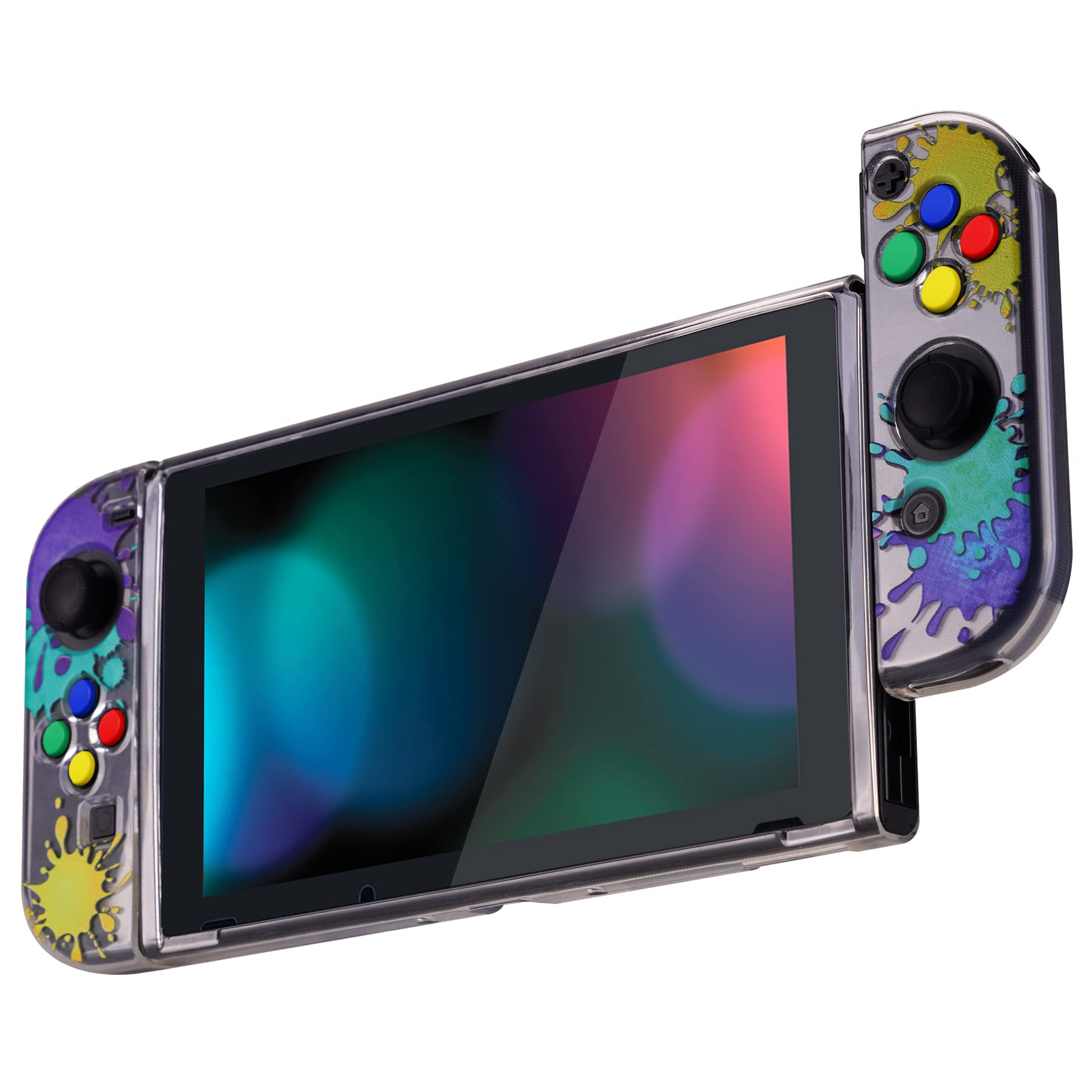 PlayVital Transparent Protective Case for Nintendo Switch, Soft TPU Slim Case Cover for Nintendo Switch Joycon Console with Colorful ABXY Direction Button Caps - Splattering Paint