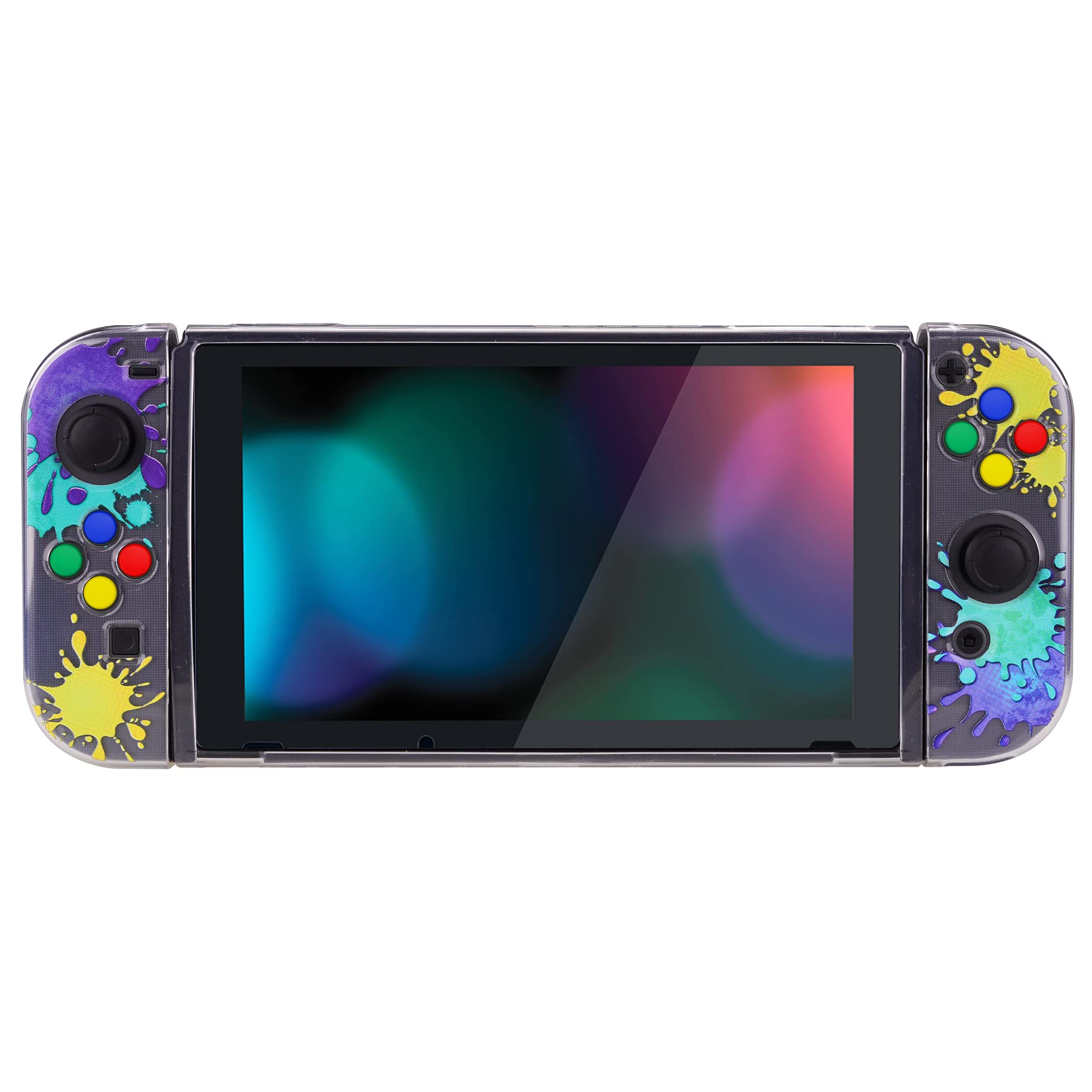 PlayVital Transparent Protective Case for Nintendo Switch, Soft TPU Slim Case Cover for Nintendo Switch Joycon Console with Colorful ABXY Direction Button Caps - Splattering Paint