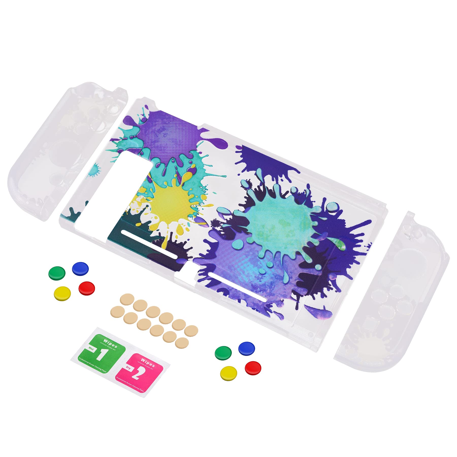 PlayVital Transparent Protective Case for Nintendo Switch, Soft TPU Slim Case Cover for Nintendo Switch Joycon Console with Colorful ABXY Direction Button Caps - Splattering Paint