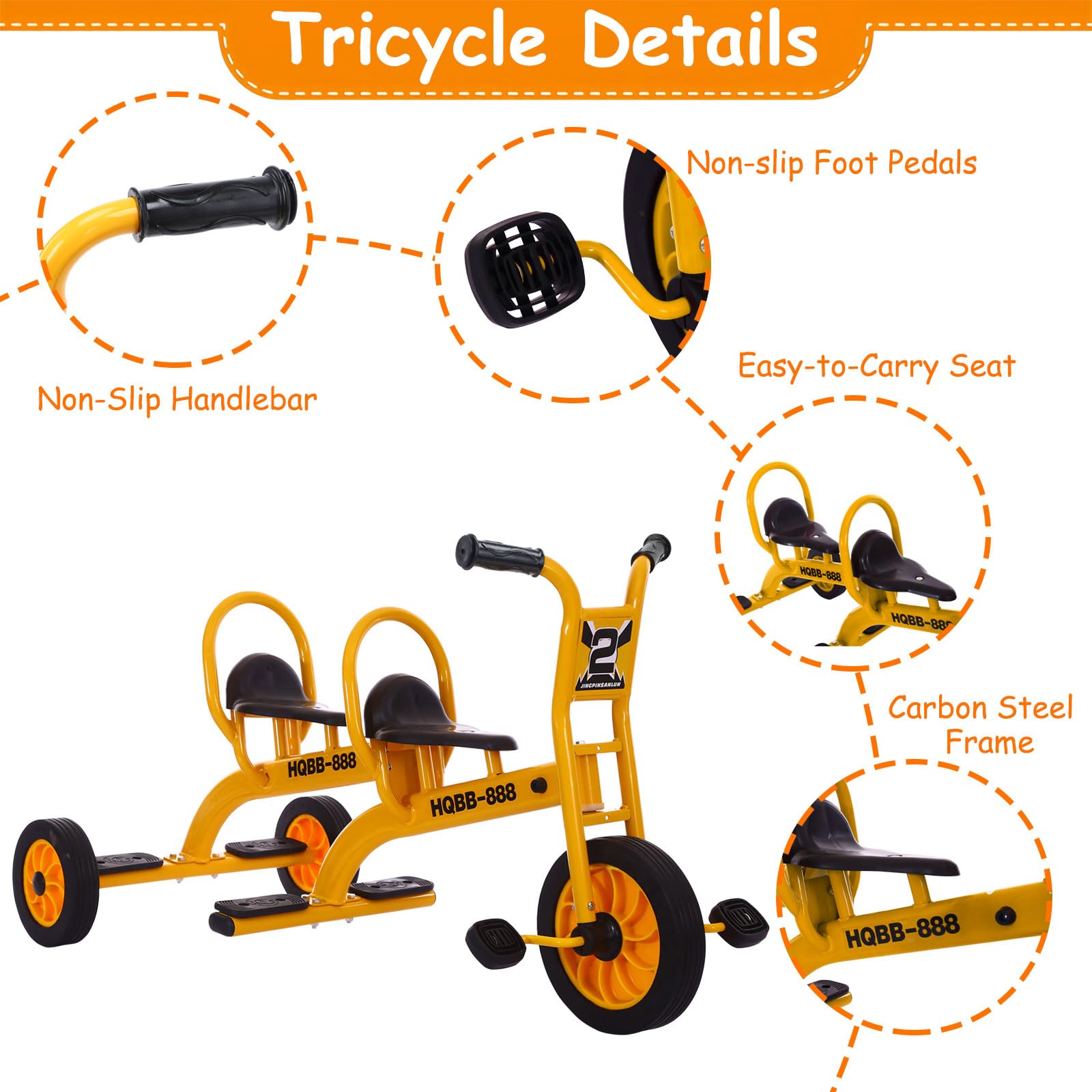 Kids Tricycle for Riders Ages 3+,Preschool Daycare Playground Kids Tricycle with Passenger Seat,Big Kids Tandem Trike with Inflation-Free Rubber Wheels,Kids Outdoor Play Equipment