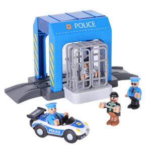 police station playset toy for wooden train track,creative city police scenes pretend play toy vehicles train accessory preschool learning educational toys for toddlers kids