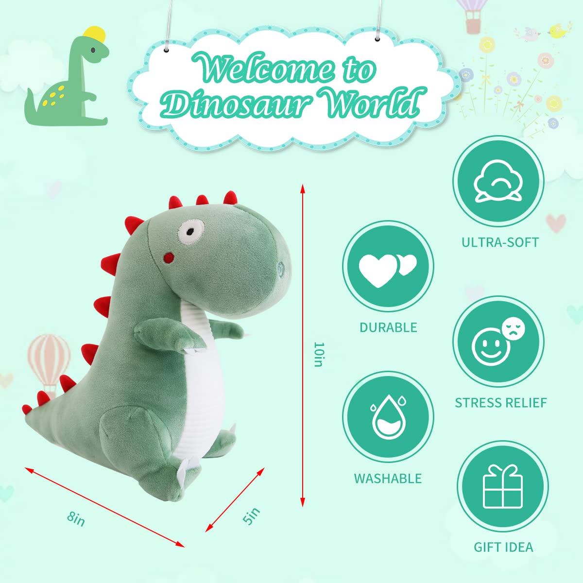 Furvana Cute Dinosaur Stuffed Animal Plush Toy, Adorable Soft Dino Plush Toys, Dinosaur Toy Plushies and Birthday Gifts for Kids Girls Boys (Green, 10 Inch)