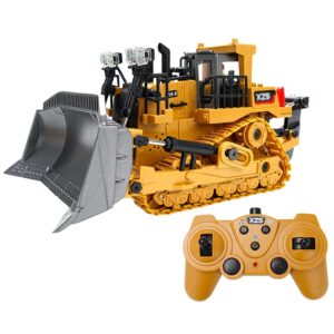 qiyhbvr remote control bulldozer rc 1/24 full functional construction vehicle, 2.4ghz 9 channel dozer front loader toy with light and sound for kids age 6, 7, 8, 9, 10 and up years old