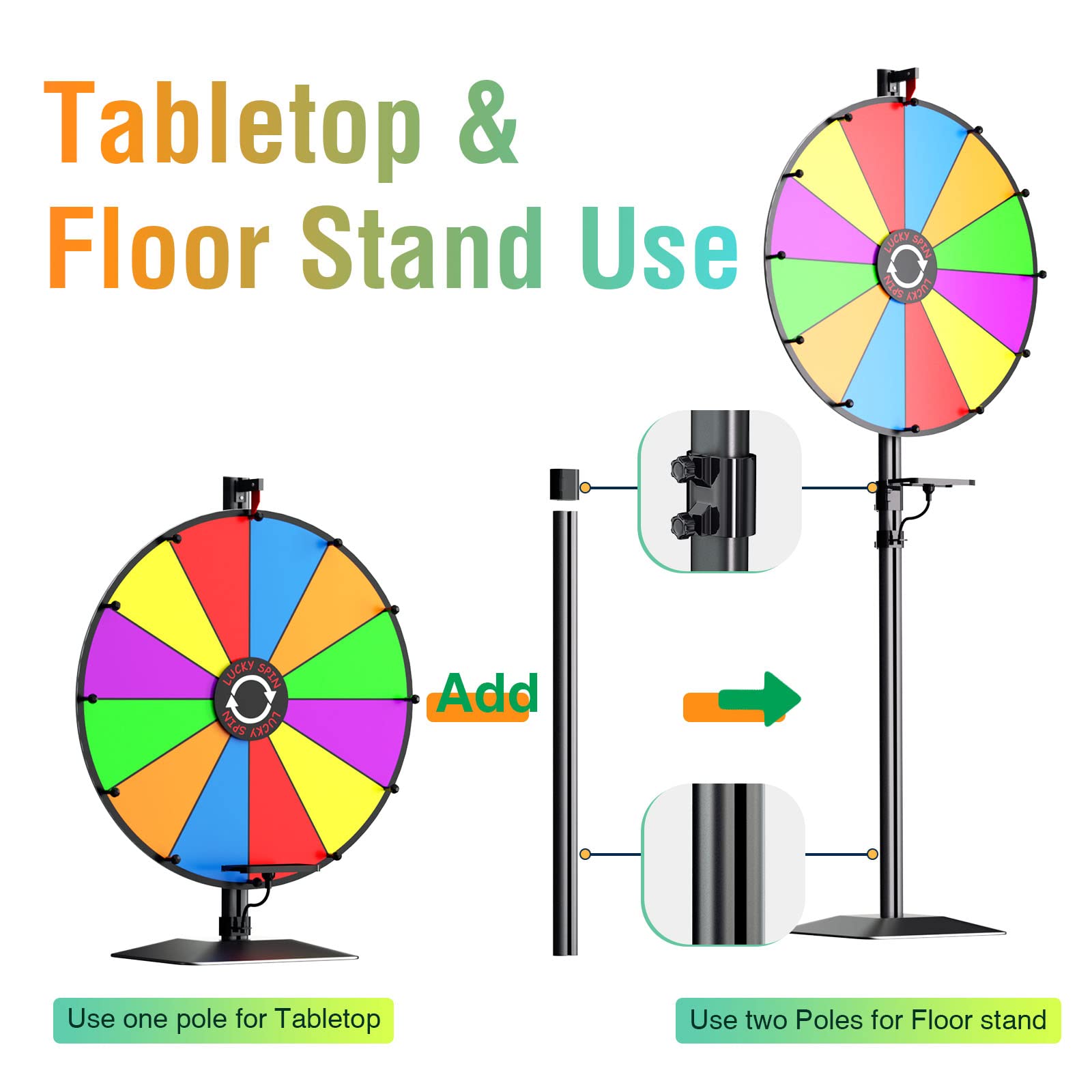 24" Prize Wheel - Dual Use Tabletop or Height Adjustable Floor Stand Heavy Duty Spinner Wheel of Fortune with 12 Slots & Dry Erase & Eraser for Carnival, Trade Show, Fortune Spinning Game