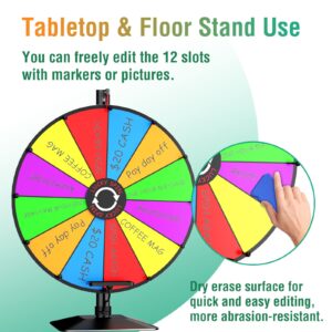 24" Prize Wheel - Dual Use Tabletop or Height Adjustable Floor Stand Heavy Duty Spinner Wheel of Fortune with 12 Slots & Dry Erase & Eraser for Carnival, Trade Show, Fortune Spinning Game