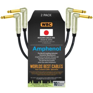 worlds best cables 2 units - 18 inch - pedal, effects, patch, instrument cable custom made using mogami 2319 wire & amphenol acpm-rn-au m-series angled gold ts plugs