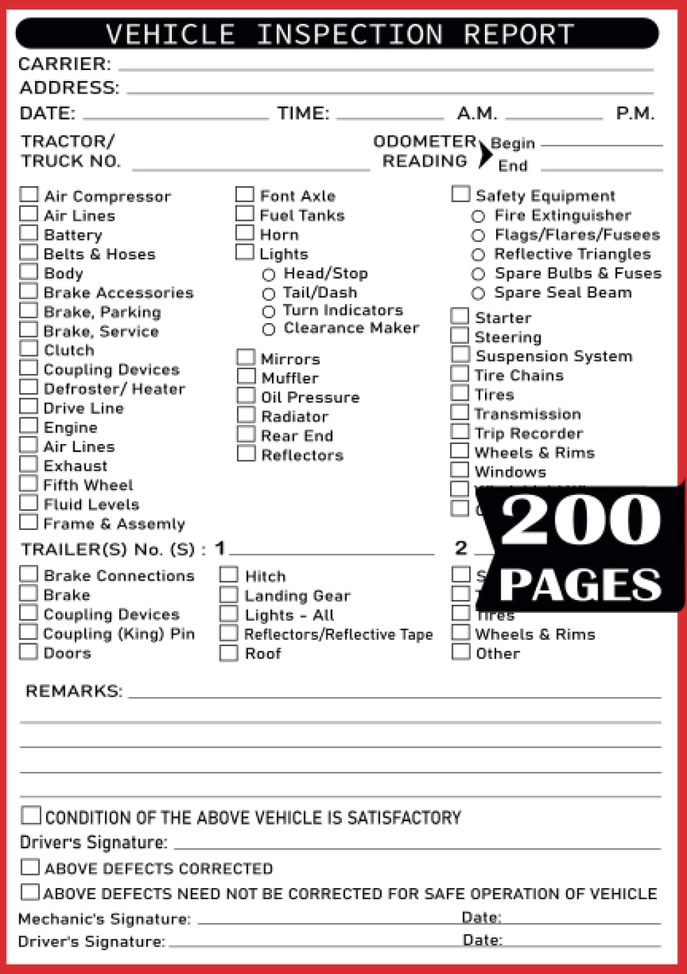 Driver Vehicle Inspection Report Book: Vehicle's Daily Inspection Checklist Log Book for Drivers and Truckers, 200 Single Sided sheets, Easy Tear-Out