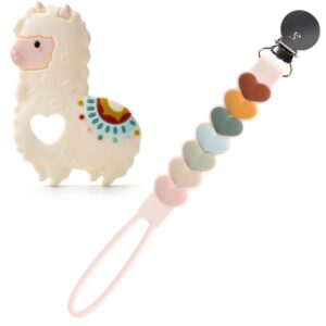 loulou lollipop silicone teether and holder clip bundle set - llama/sweetheart multi