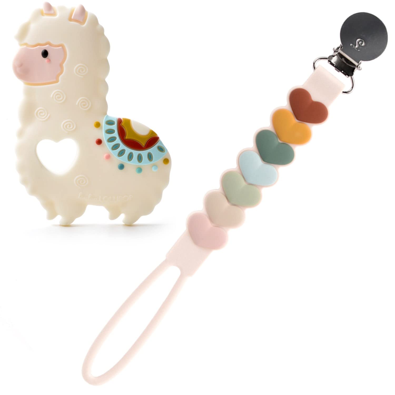 Loulou Lollipop Silicone Teether and Holder Clip Bundle Set - Llama/Sweetheart Multi