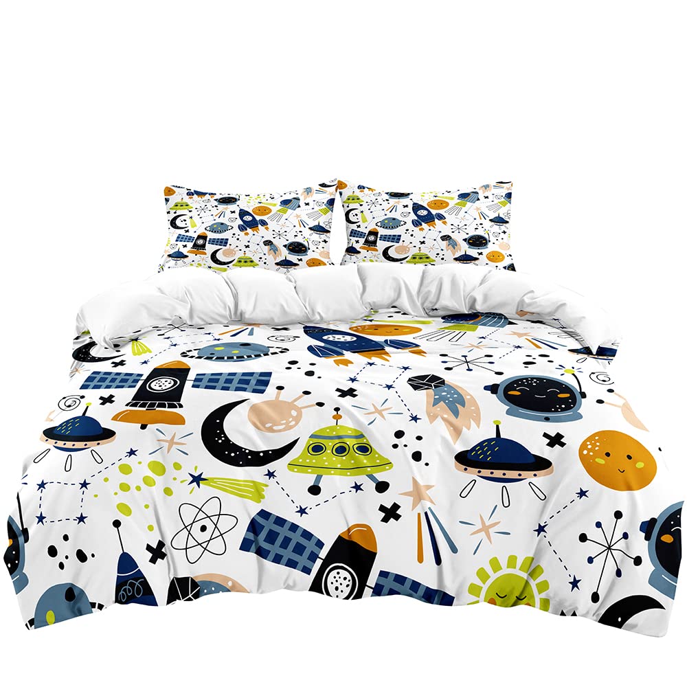 JIJIWANG King Size Duvet Cover Space Cotton Comforter Cover Kids 2 Pillowshames Rocket Space Duvet Cover Boys Girls Spaceship Planet Print