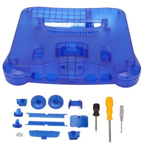 protective shell for n64 retro video game console, translucent blue replacement case, with screwdriver, reset, power , universal abs storage box [video game] [video game]