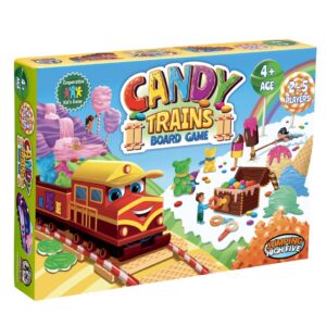 jumping high five candy trains board game! a sweet sugar coated cooperative game for kids ages 4 and up, children learn new skills with tasty track building, perfect for family play time