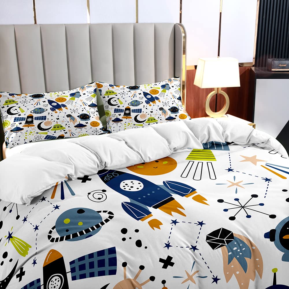 JIJIWANG King Size Duvet Cover Space Cotton Comforter Cover Kids 2 Pillowshames Rocket Space Duvet Cover Boys Girls Spaceship Planet Print