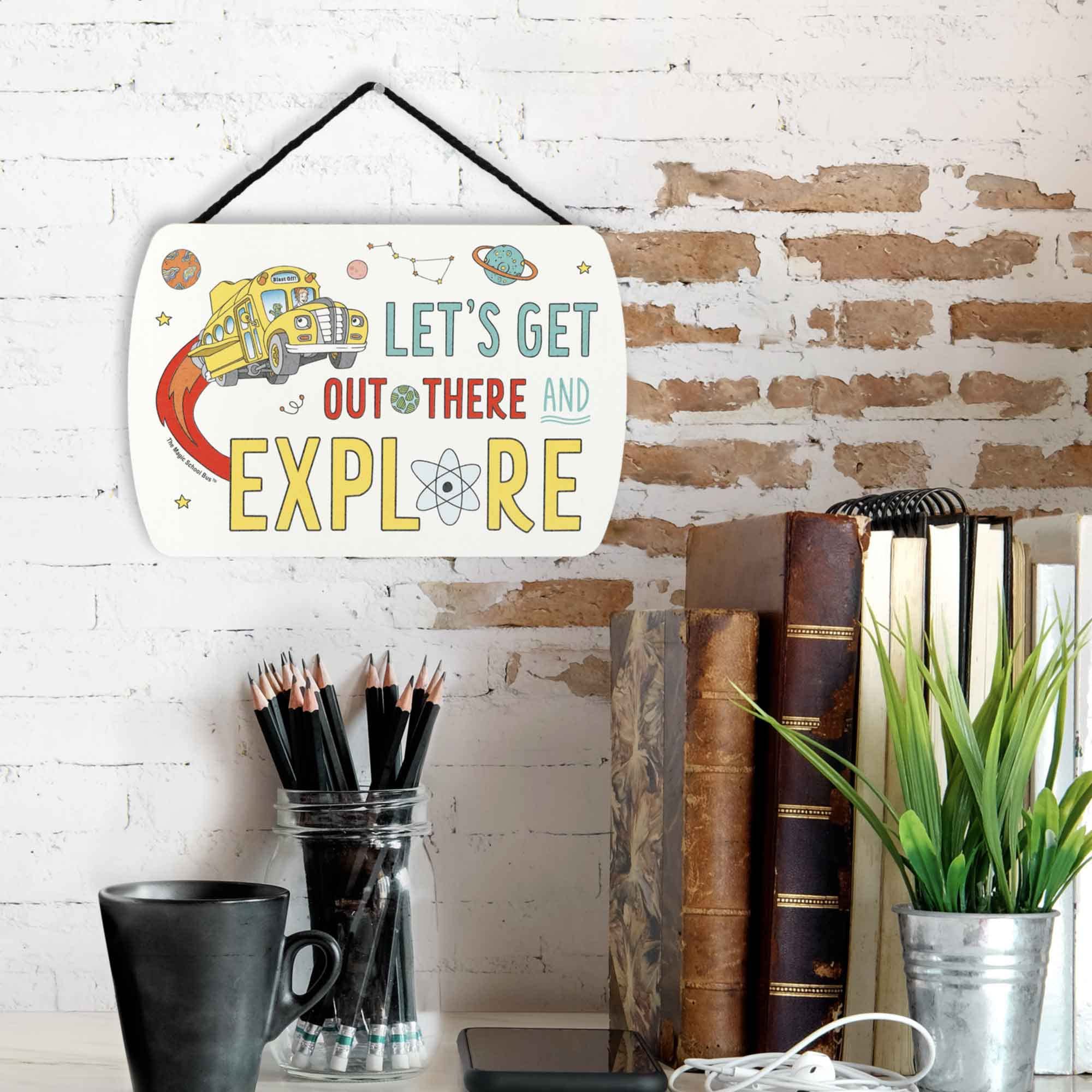 Open Road Brands Scholastic The Magic School Bus Let's Explore Hanging Wood Wall Decor - Fun Magic School Bus Sign for Kids' Bedroom or Classroom