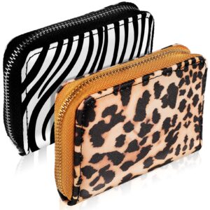 sherchpry 2pcs women credit cards holder, pu leather cards container, cash storage pouch with zipper, credit card coin wallet, change pouch for women (leopard print and zebra print)