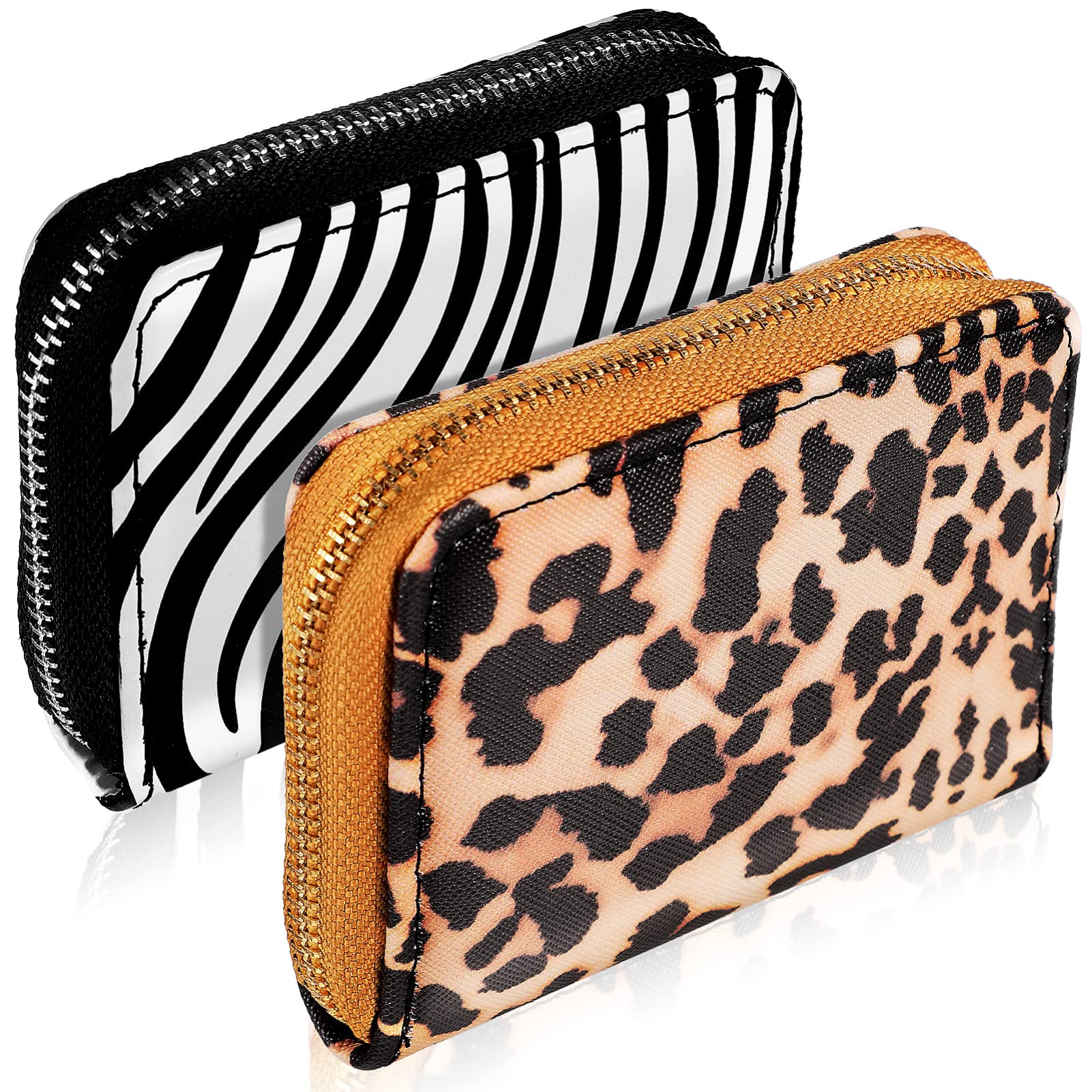 SHERCHPRY 2pcs Women Credit Cards Holder, PU Leather Cards Container, Cash Storage Pouch with Zipper, Credit Card Coin Wallet, Change Pouch for Women (Leopard Print and Zebra Print)