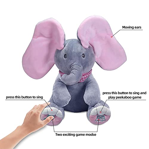 OMGOD Peek a Boo Elephant Stuffed Animals, Plush Toy for Baby Girls Hide-and-Seek Game Toy Singing Interactive Musical Toys, Great Gift for 6 Month 1+ Year Girls Moving Ears Bear Doll-12