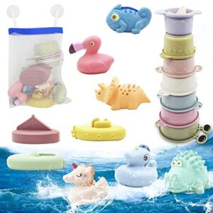 baby bath toys for toddlers 1-3, 16pcs bath squirt toys with hole, silicone bath toys contains 7 stacking cups and 3 boats and 6 animals, best shower water toys for boys and girls