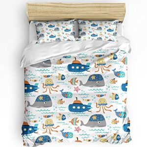 duvet cover, washed microfiber comforters twin size, ocean adventure submarine cute animals duvet cover and 2 pillow shams, room decor aesthetic 3 piece bedding sets twin for kids teens adults