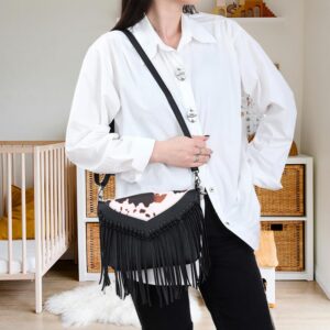 ZOVYRON Western Fringe Crossbody Purse, Boho Cow Print Bag Small Leather Fringe Purse Leopard Tassel Fringe Shoulder Bag for Women