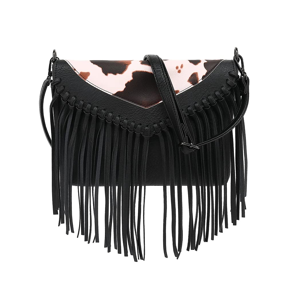 ZOVYRON Western Fringe Crossbody Purse, Boho Cow Print Bag Small Leather Fringe Purse Leopard Tassel Fringe Shoulder Bag for Women