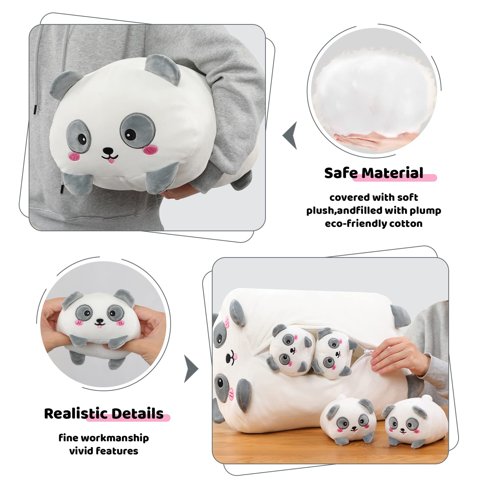 AIXINI Cute Panda Mommy Stuffed Animal with 4 Little Baby Pandas Plush, Super Soft Cartoon Hugging Toy Gifts for Bedding, Kids Sleeping Kawaii Pillow